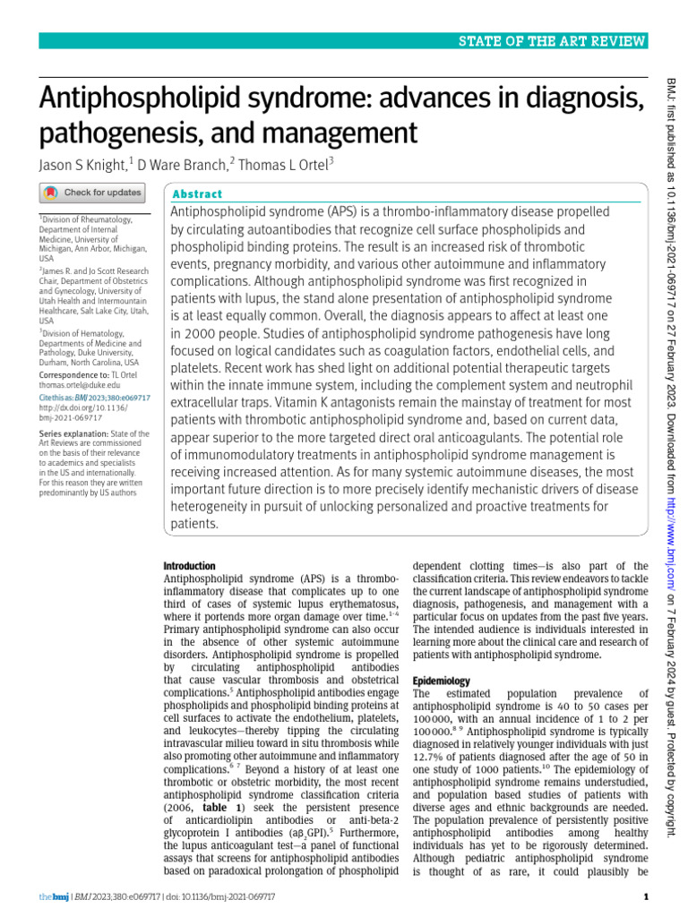 Antiphospholipid Syndrome Advances in Diagnosis, Pathogenesis, and ...