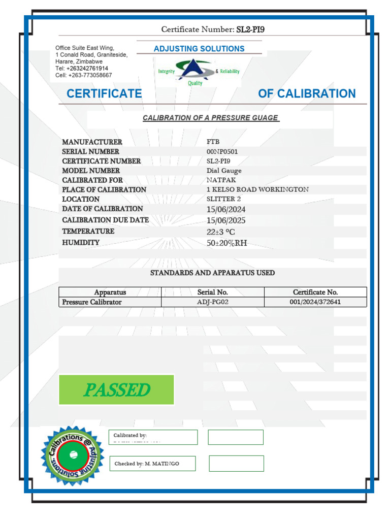 CERTIFICATE OF CALIBRATION FOR A Pressure Guage - SL2-PI9PASS | PDF ...