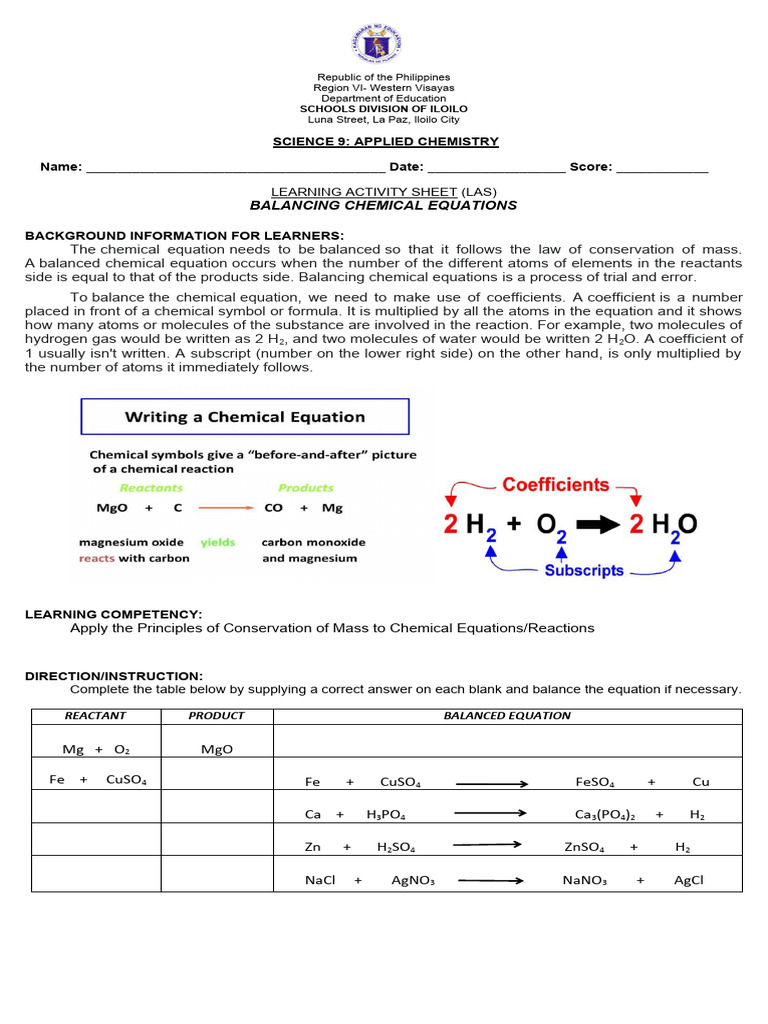 Balancing Activity Sheet | PDF | Chemistry | Physical Chemistry
