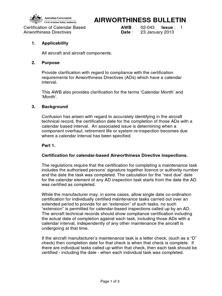 Airworthiness Bulletin 02 043 Certification of Calendar Based ...