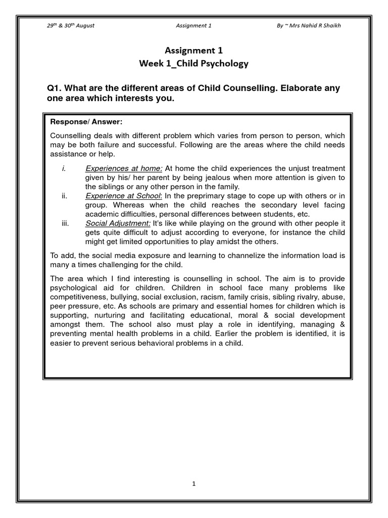 Assignment 1 - Certificate in Child Psychology - Mrs Nahid R Shaikh ...