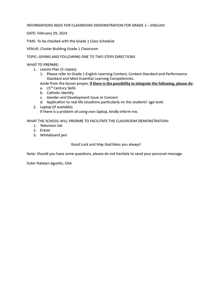 Grade 1 English For Classroom Demonstration | PDF