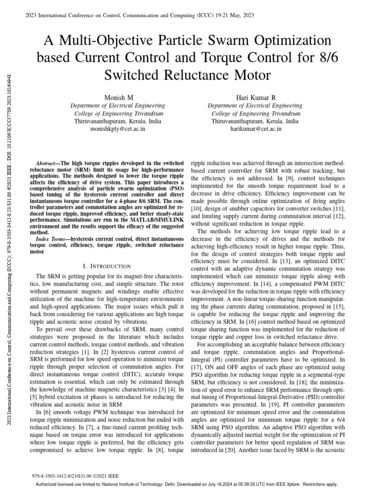 A Multi-Objective Particle Swarm Optimization Based Current Control and Torque Control For 8-6 ...