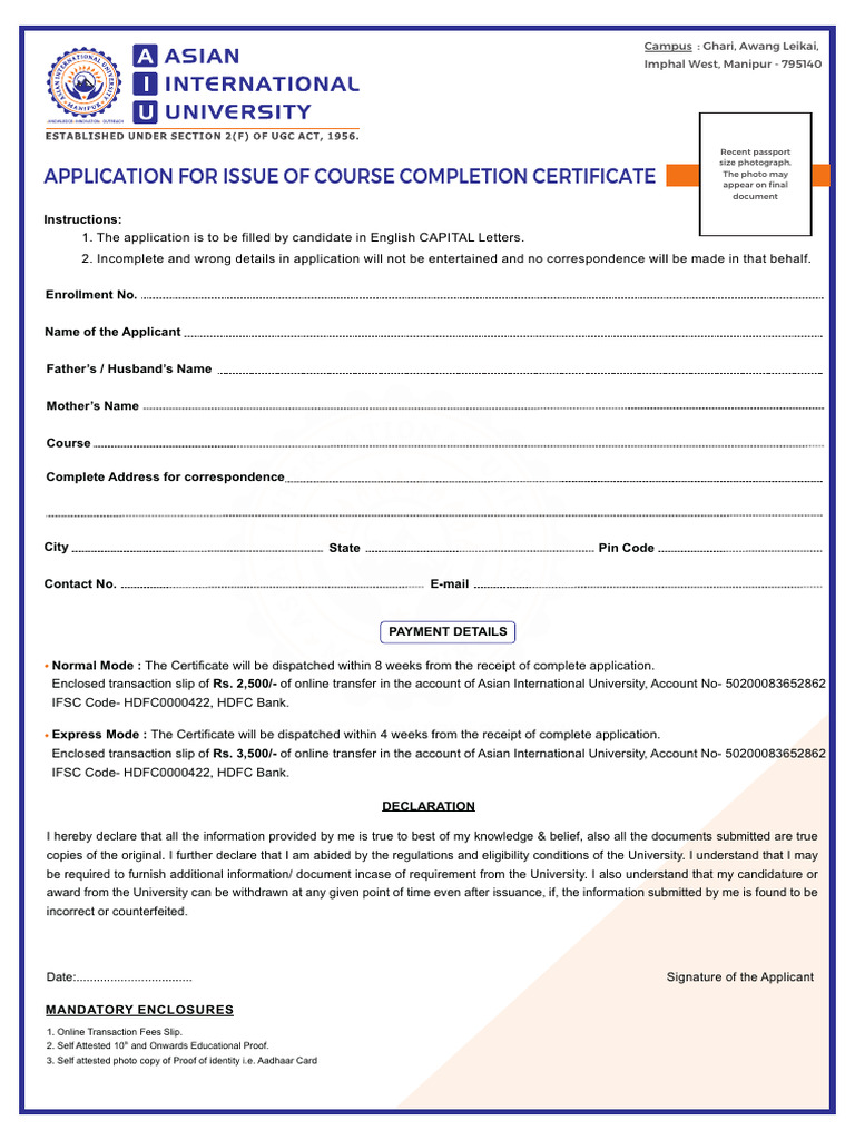 Aiu Application For Course Completion Certificate-New | PDF | Identity Document