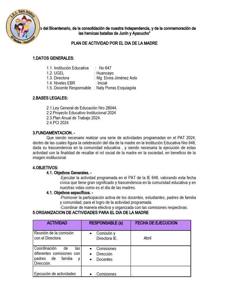 Plan de Trabajo Del Dia de La Madre 2024 | PDF