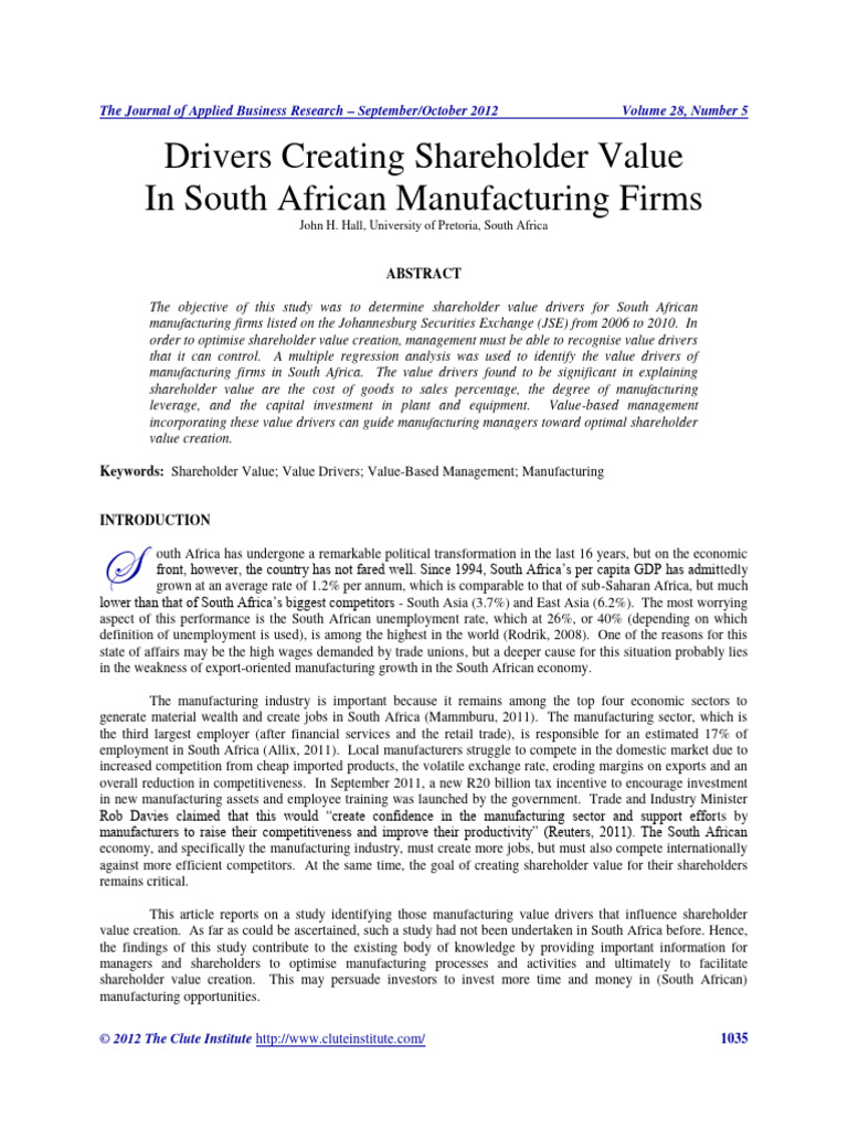 Shareholder Value Drivers in SA Manufacturing | PDF | Shareholder Value ...