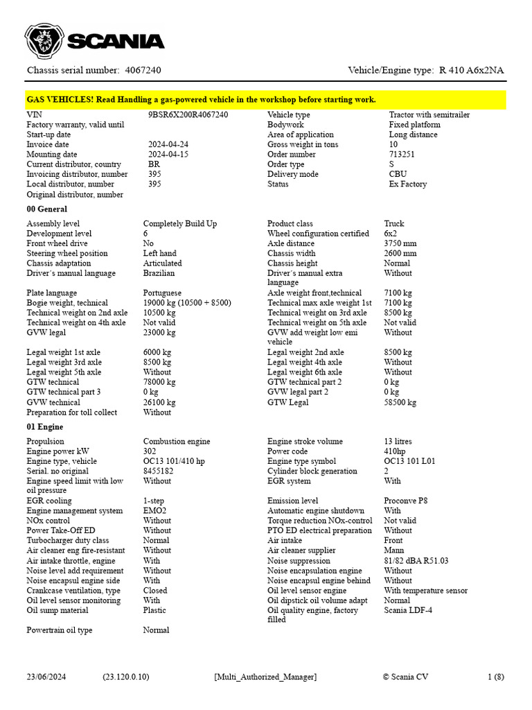 Chassis Serial Number: 4067240 Vehicle/Engine Type: R 410 A6x2NA | PDF ...
