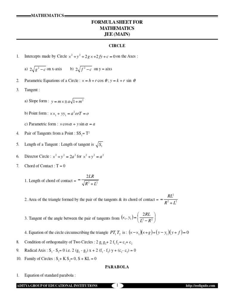 JEE Main Mathematics Formula Sheet | PDF | Classical Geometry | Euclidean Plane Geometry