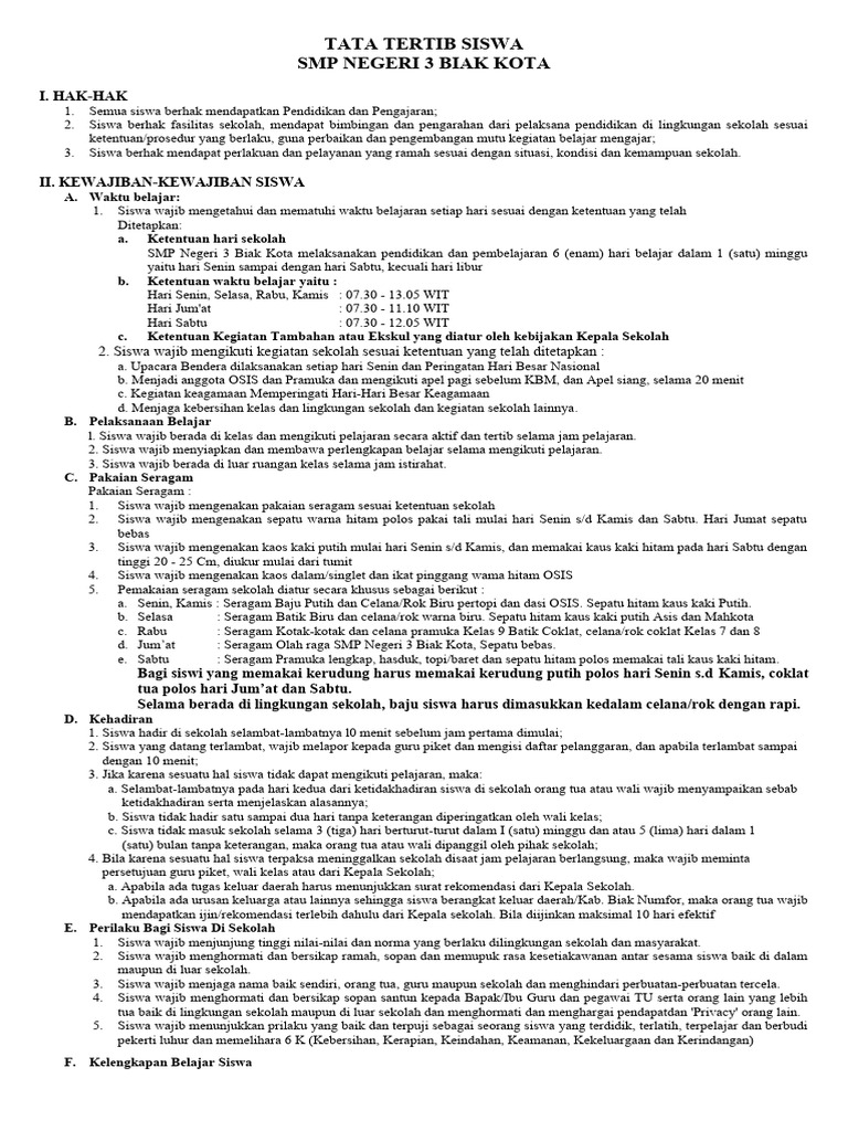 Tata Tertib Siswa SMPN 3 Biak Kota | PDF | Kesehatan Holistik