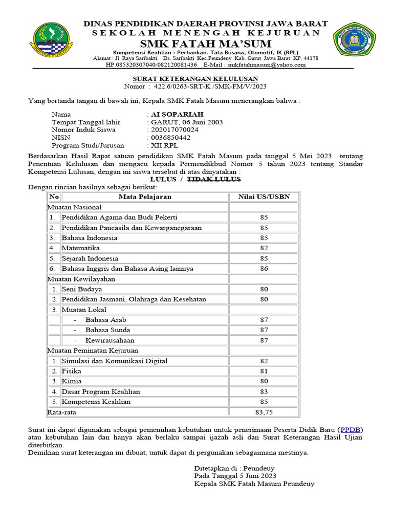 Surat Kelulusan SKL 2023 | PDF