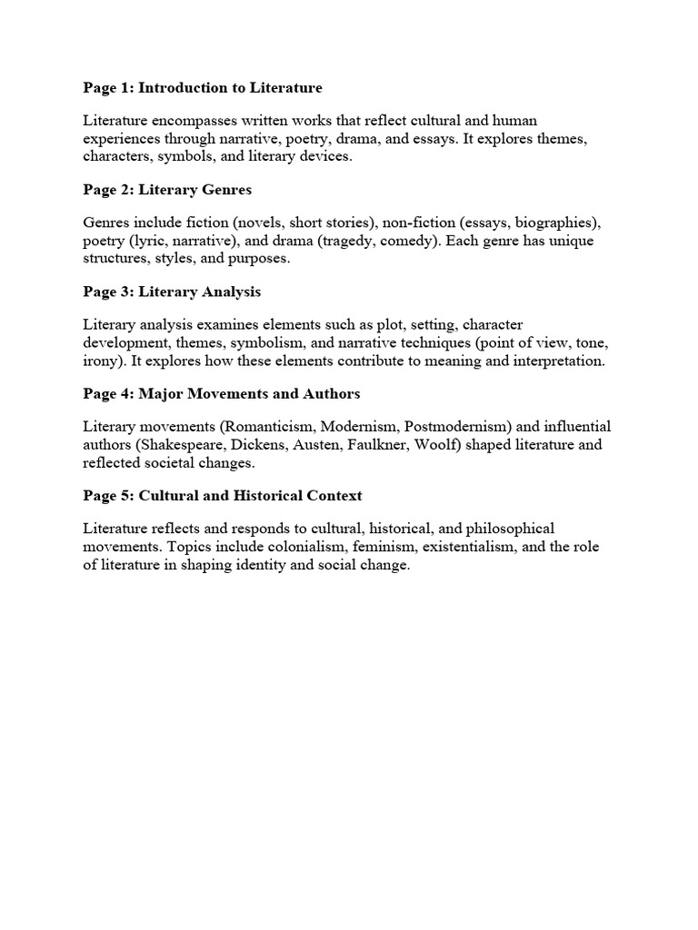 Literature 101 Lecture Notes | PDF