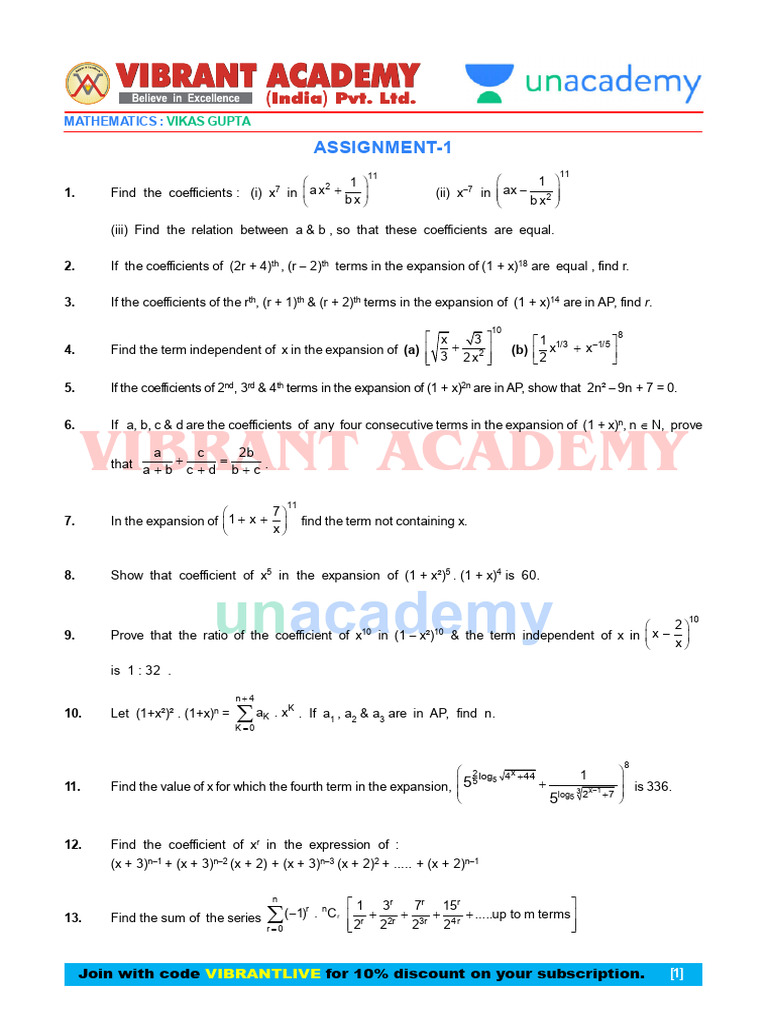 Assignment-1 Binomial Theorem 1685019641490 | PDF | Mathematics | Algebra