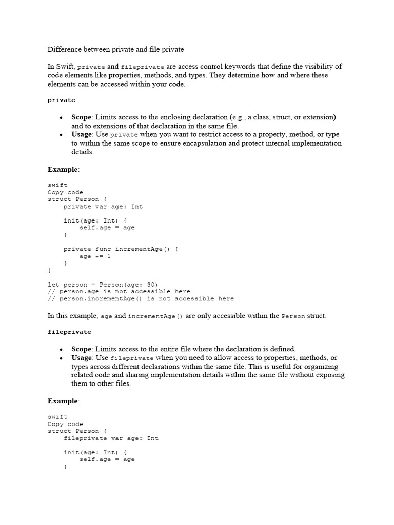 Swift: Private vs Fileprivate Access | PDF | Swift (Programming Language) | Scope (Computer Science)