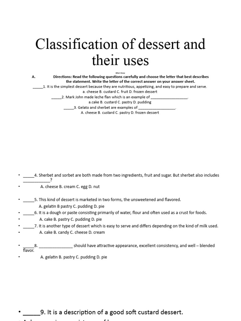Dessert Classifications and Uses Guide | PDF | Desserts | Custard