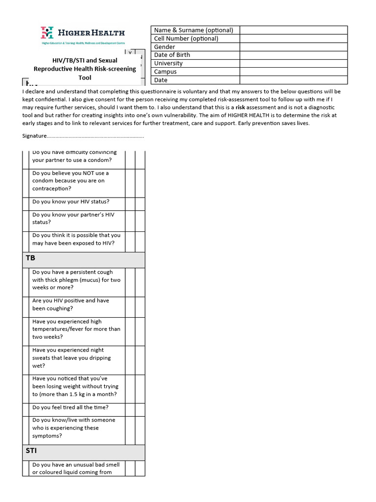 HIGHER HEALTH University Risk-Assessment Tool HIV - TB - STI SRH | PDF ...
