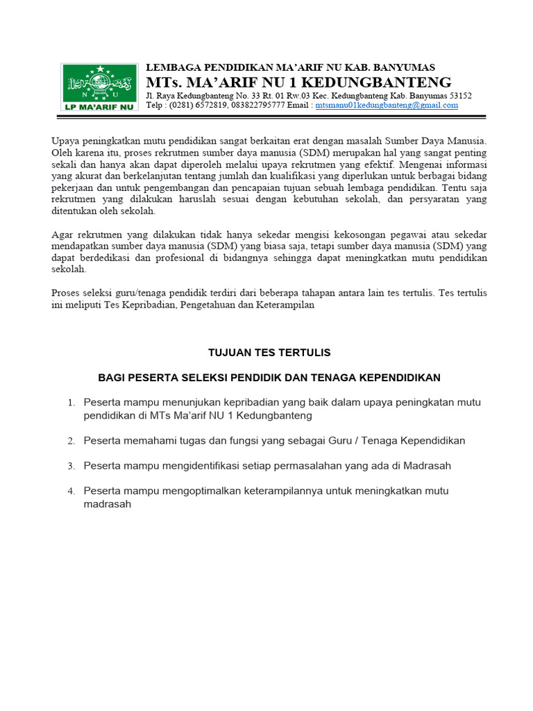 Contoh Soal Tes Tertulis Guru SDIT | PDF | Karier & Perkembangan ...