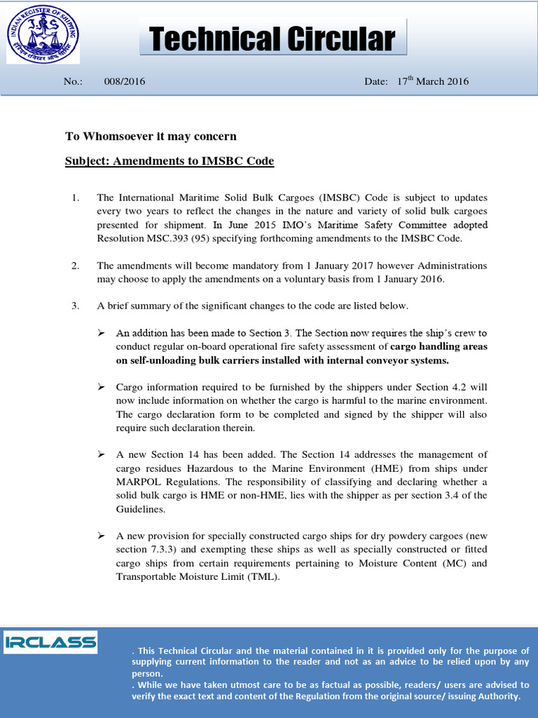 IMSBC Code Amendments 2016 | PDF | Cargo | Solid