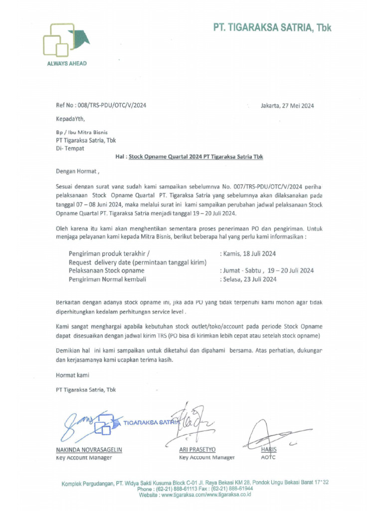 Surat Pemberitahuan Stock Opname Quartal - 2024 PT Tigaraksa Satria TBK ...