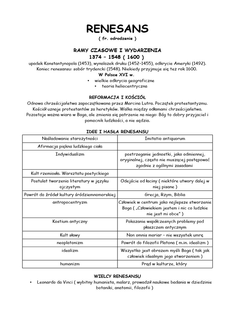 Renesans - Notatka Podsumowująca | PDF