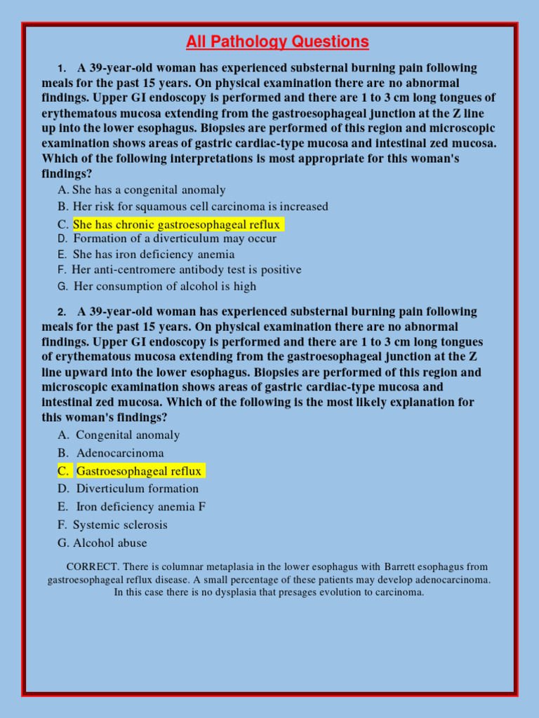 All Pathology Questions (ANSWER) | PDF | Esophagus | Ulcerative Colitis