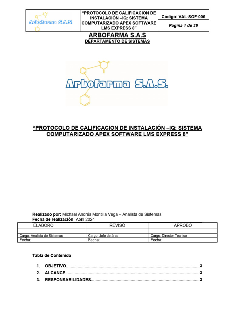 Informe IQ Sistema APEX Prueba | PDF | Software | Programa de computadora
