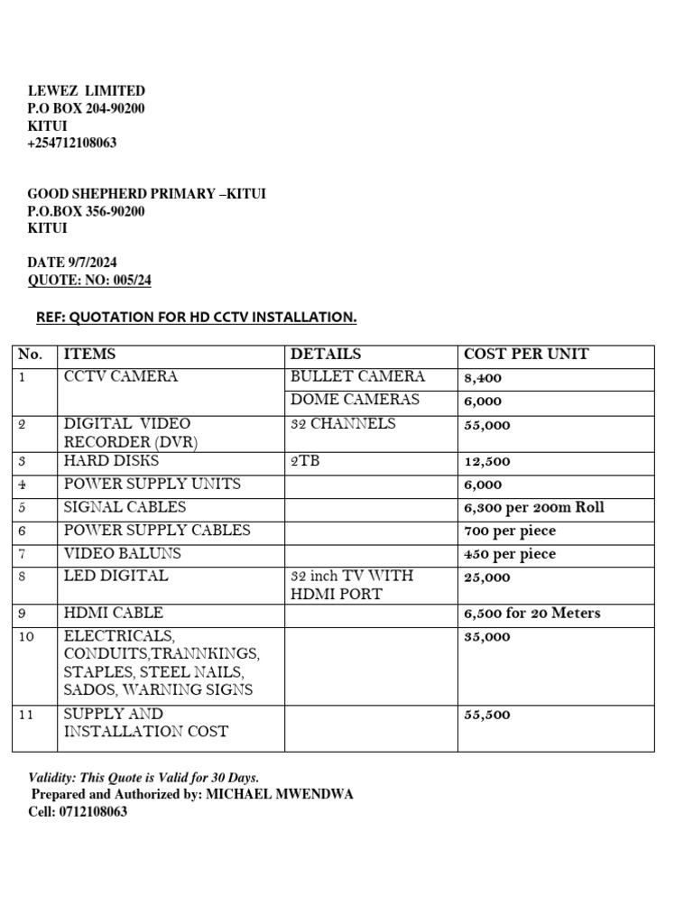 CCTV Installation Quotation for School | PDF | Home & Garden