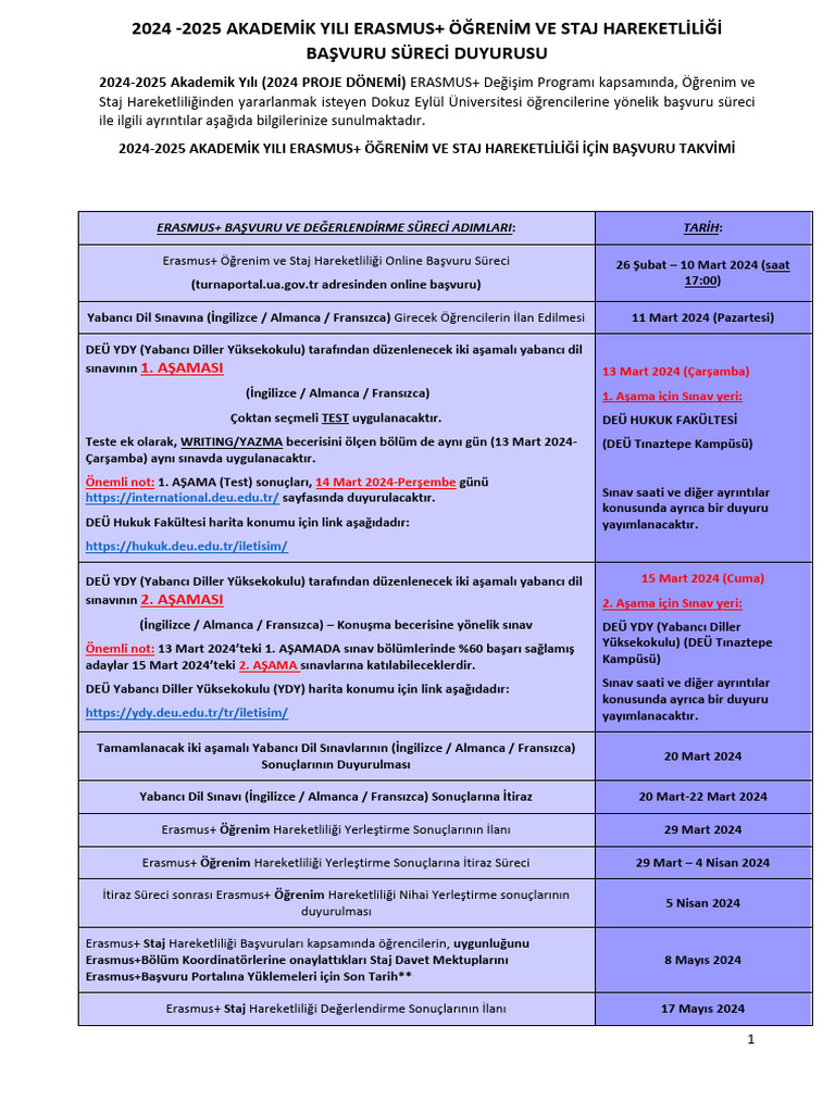 2024 2025 Akademik Yili Erasmus Ogrenim Ve Staj Hareketliligi Basvuru Sureci Duyurusu 1 | PDF