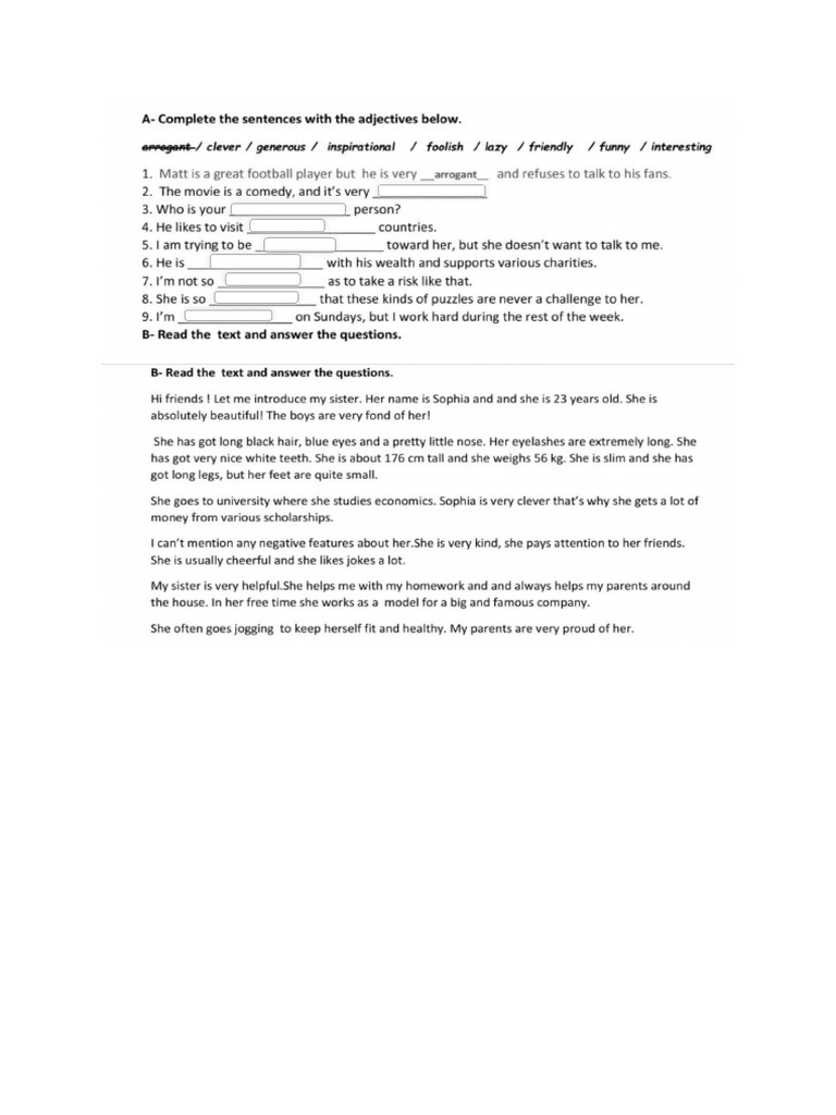 Describing People Worksheet | PDF