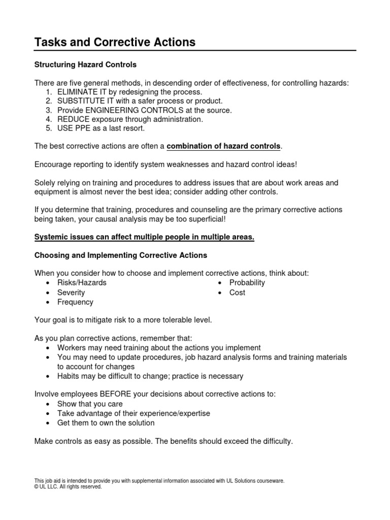 Tasks and Corrective Actions Job Aid PS5-100319 | PDF | Risk | Hazards