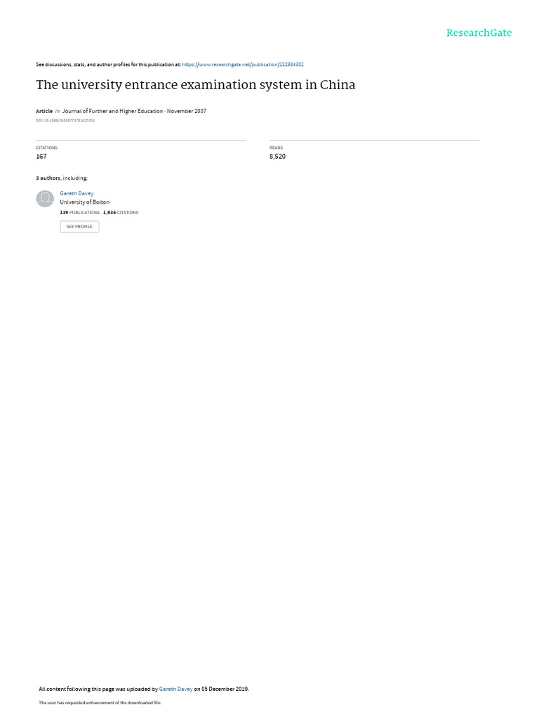 The University Entrance Examination System in China | PDF | Teachers ...