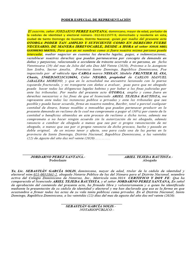 PODER ESPECIAL DE REPRESENTACIÓN Penco | PDF | Daños y perjuicios ...