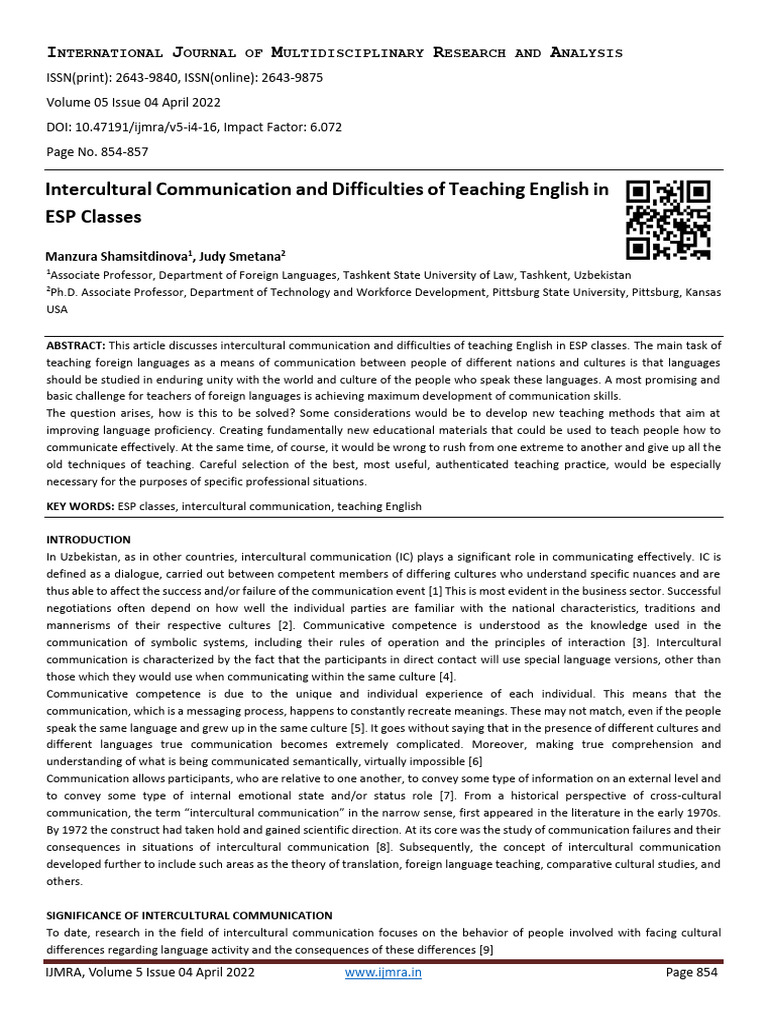 Intercultural Communication and Difficulties of Teaching English in ESP ...