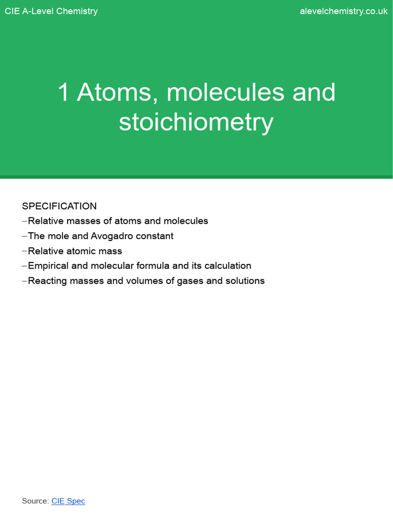 01 Atoms, Molecules and Stoichiometry | PDF | Mole (Unit) | Stoichiometry