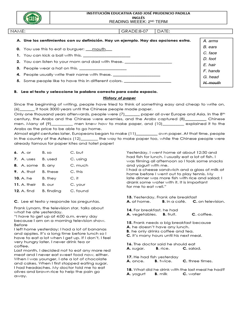 Reading Week - 8TH - 2ND Term | PDF | Lunch | Foods