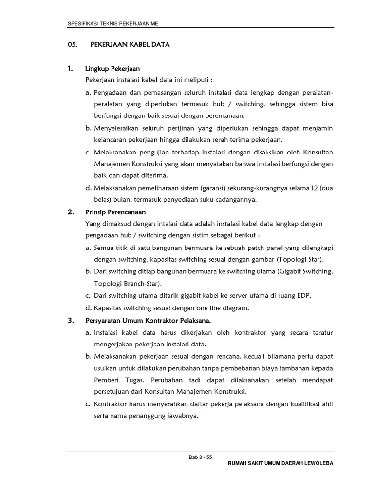 Spesifikasi Instalasi Kabel Data RS Lewoleba | PDF | Teknologi & Rekayasa