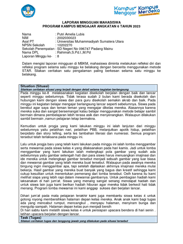Laporan Minggu Ke-8 Putri Amelia Lubis | PDF | Karier & Perkembangan | Kesehatan Holistik