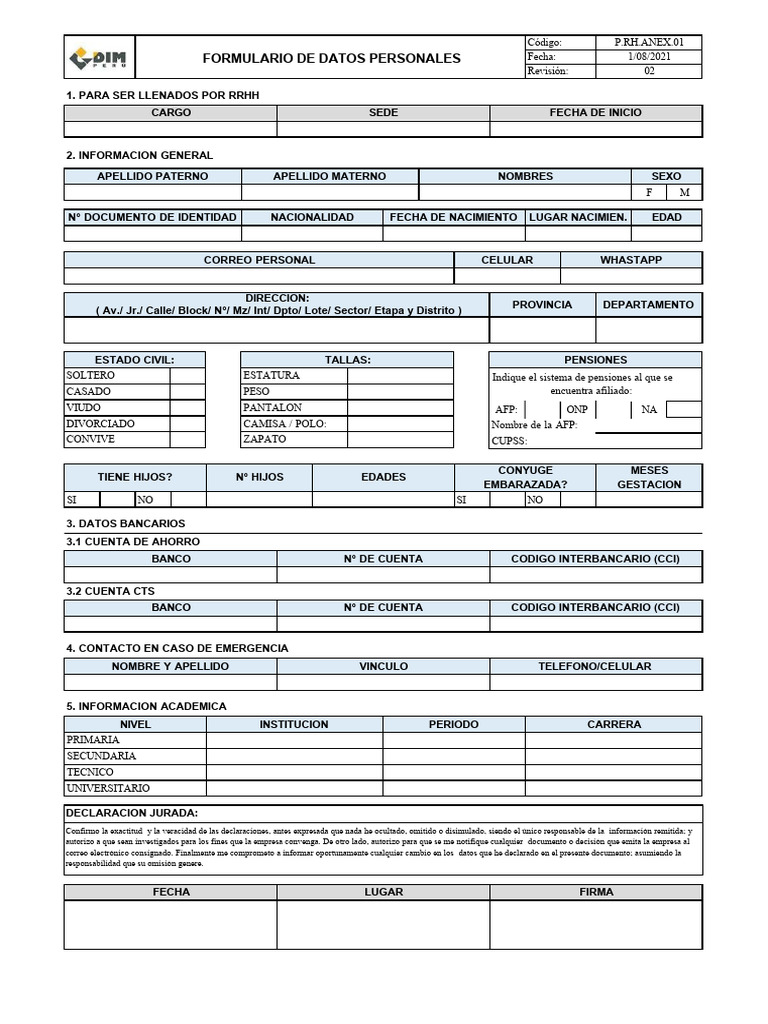 Formulario Datos Personales (FDP) | PDF