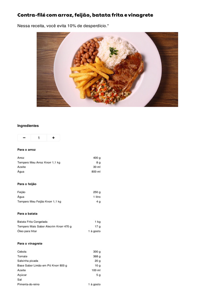 Contra-Filé Com Arroz Feijão Batata Frita e Vinagrete - Receita | PDF ...