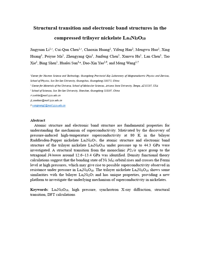 Structural Transition in La4Ni3O10 Under Pressure | PDF | Superconductivity | High Temperature ...