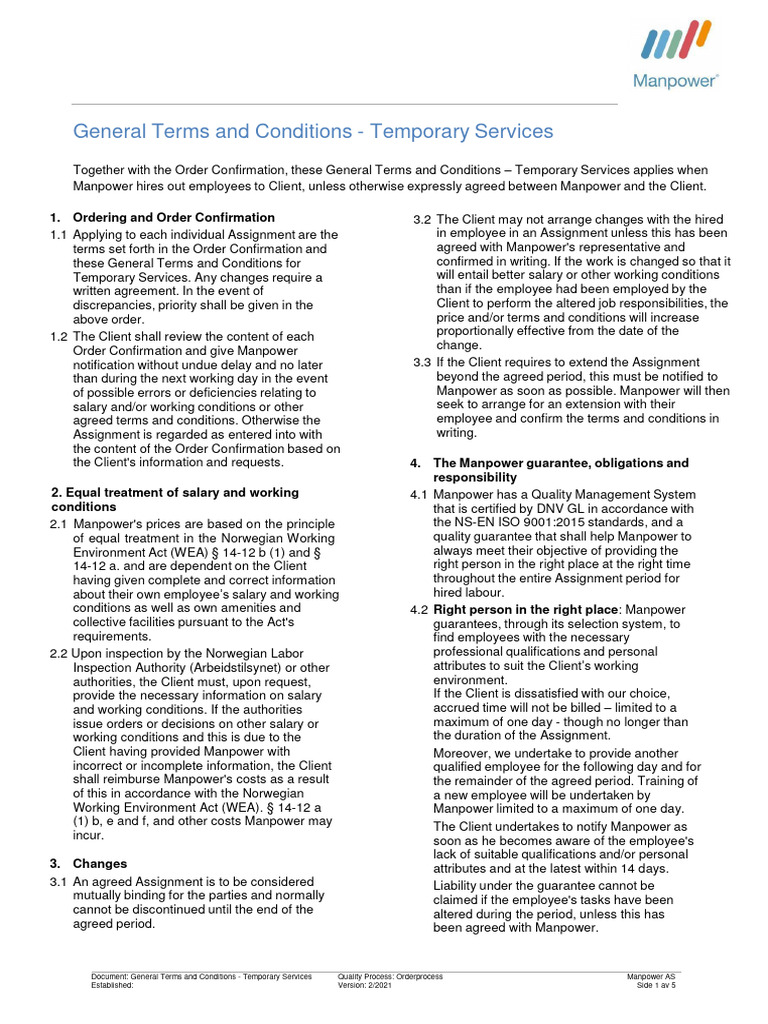 General Terms of Conditions Temporary Services | PDF | Employment ...