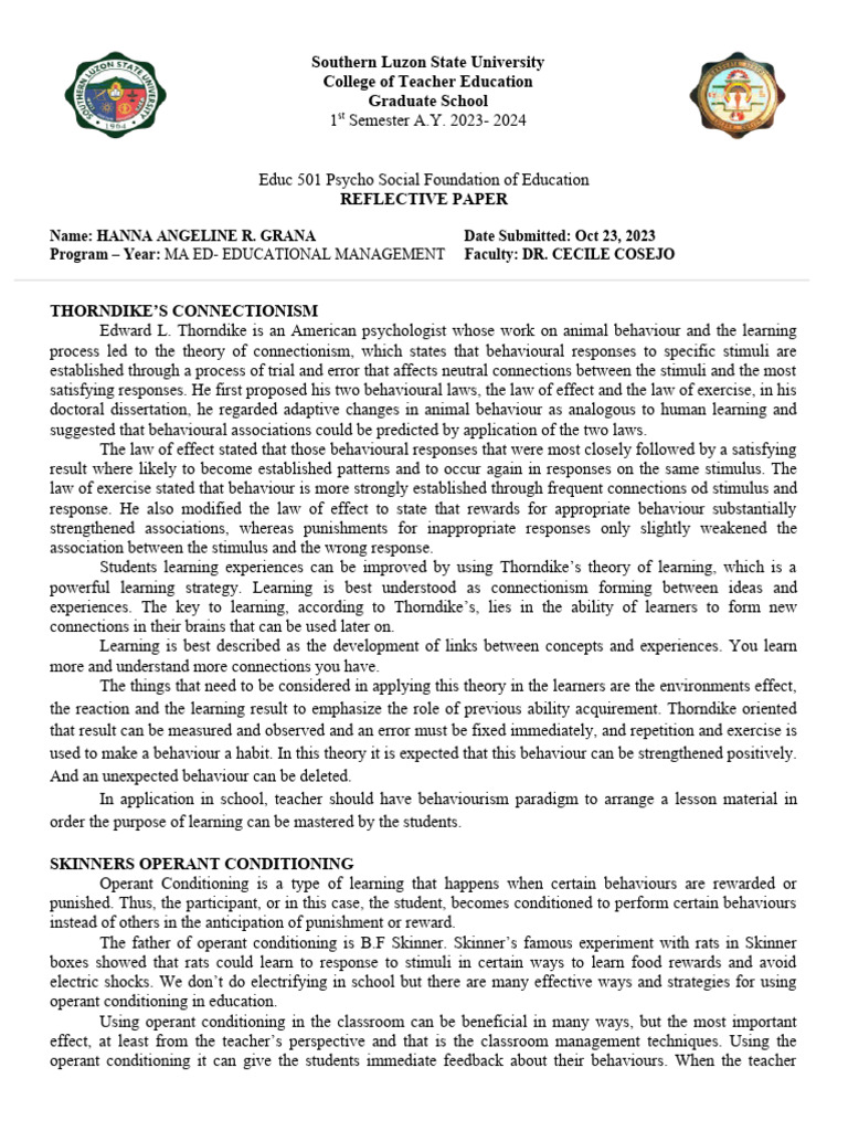 Thorndike Connectionism | PDF | Learning | Behavioural Sciences