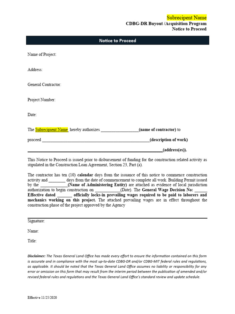 Sample Notice to Proceed Form | PDF