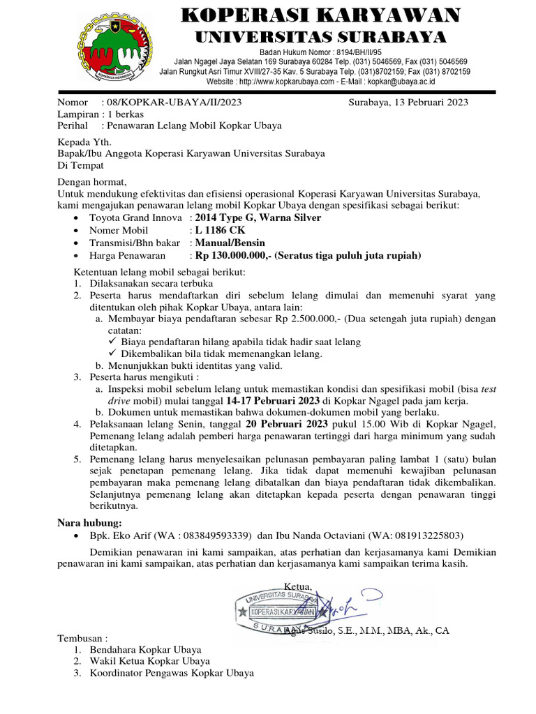 08 - 2023 - Surat Penawaran Lelang Mobil Kopkar Ubaya - Pebruari | PDF | Bisnis