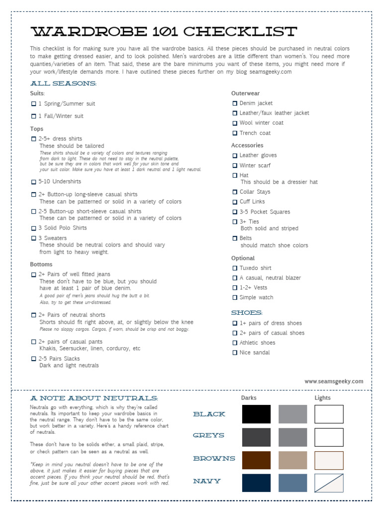 Wardrobe Checklist Male | PDF | Softlines (Retail) | Fashion