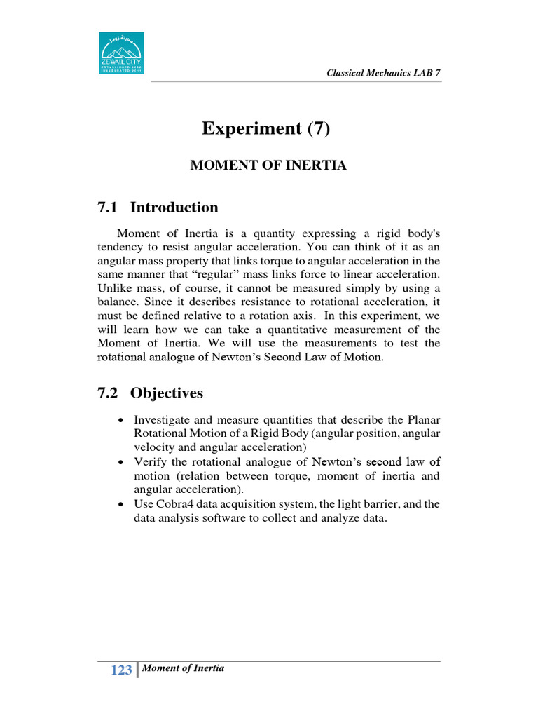 Exp.7 Moment of Inertia Lab Manual | PDF | Rotation Around A Fixed Axis | Torque