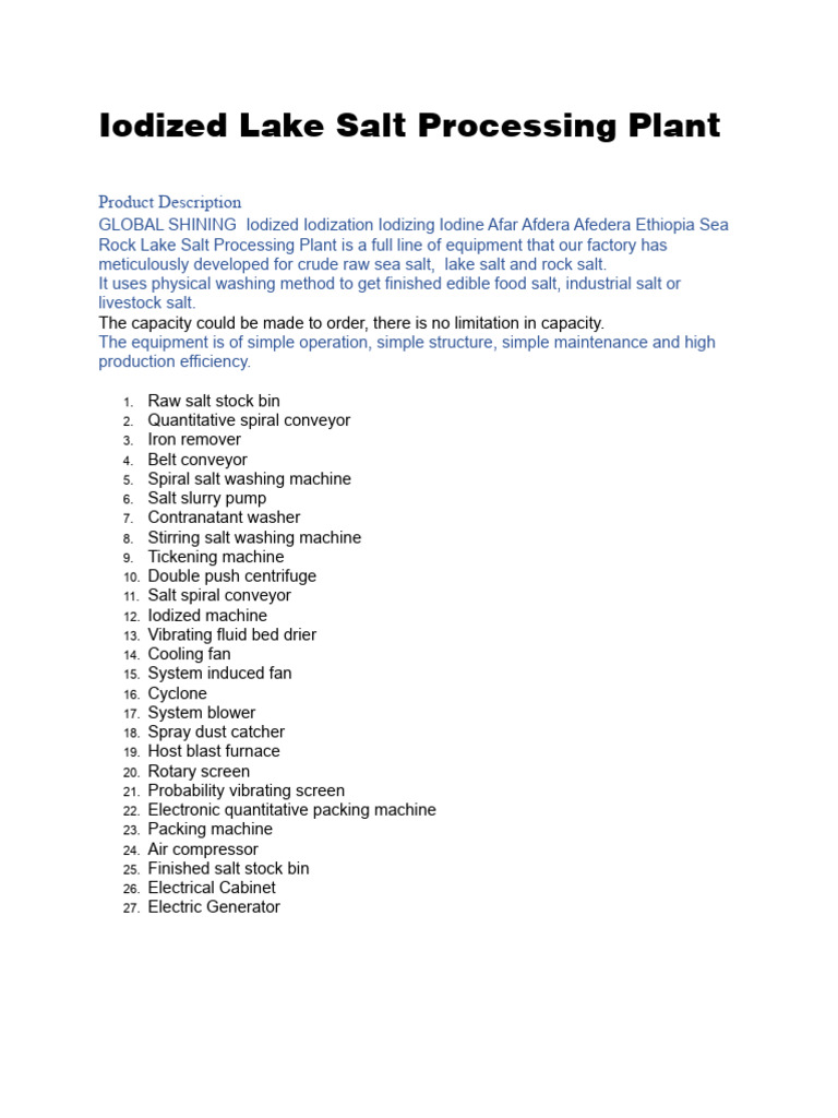 Iodized Lake Salt Processing Plant | PDF | Salt | Washing Machine