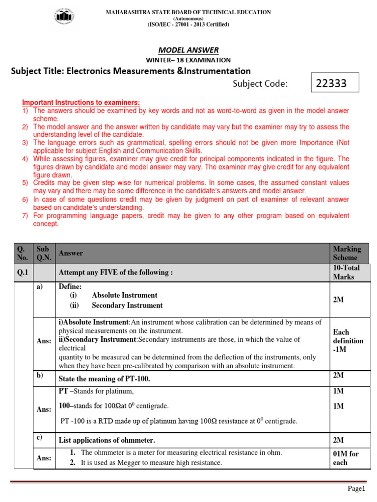 Model Answer Paper for 22333 Exam | PDF | Calibration | Pressure ...