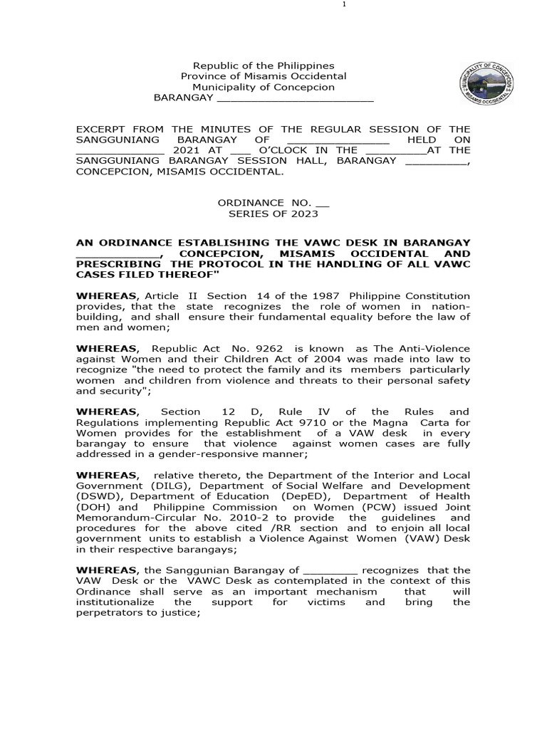 Barangay VAWC Desk Ordinance 2023 | PDF | Restraining Order ...
