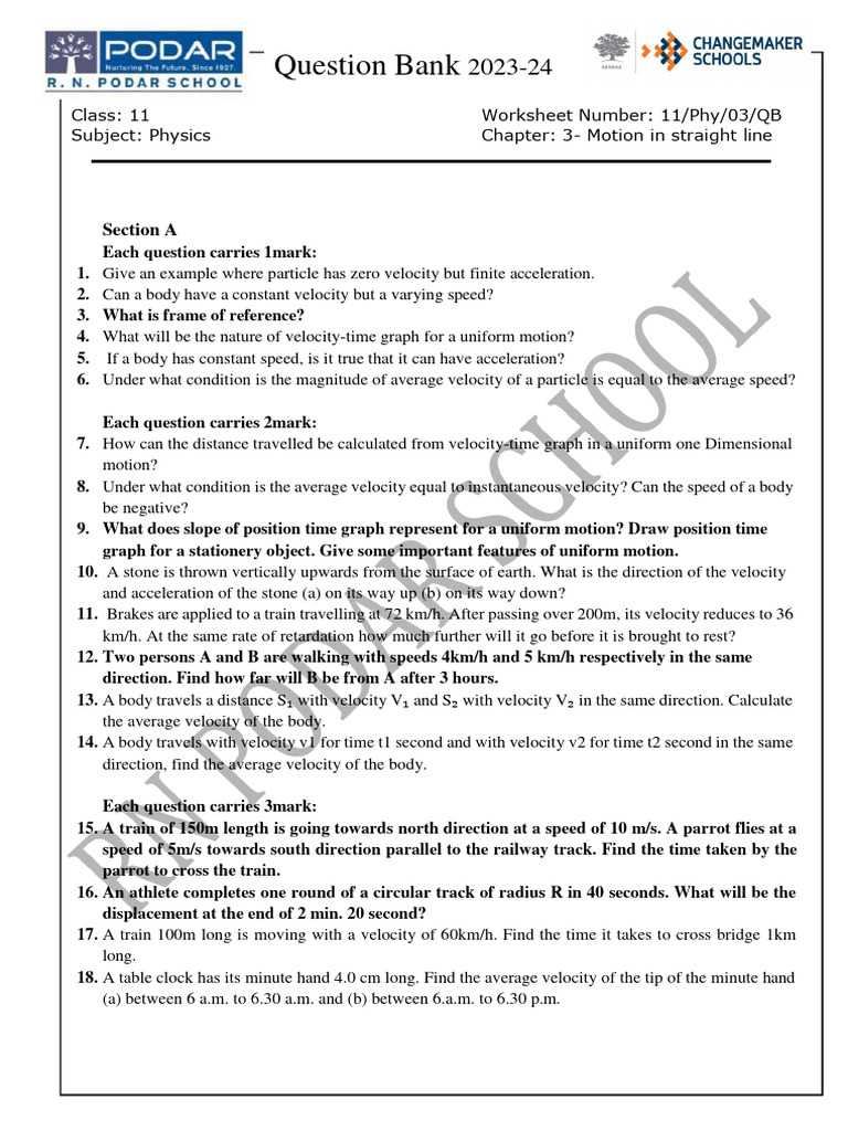 Ch2 Motion in A Straight Line QB | PDF | Velocity | Acceleration