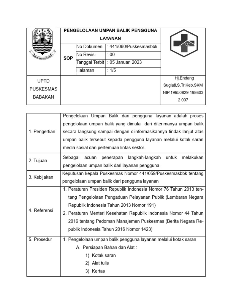 1.1.2.b SOP PENGELOLAAN UMPAN BALIK DARI PENGGUNA LAYANAN | PDF